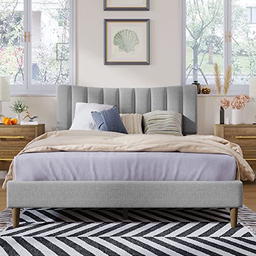 Prohon Upholstered Platform Bed, Queen Size Bed Frame and Headboard, Vertical Channel Tufted Bed, Bedframe for Kids/Teen/Adults, No Box Spring Needed,Wooden Slats Support, Gray