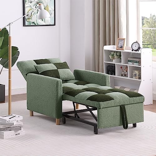 HANLIVES 3-in-1 Single Convertible Chair Bed,Sleeper Sofa Chair Bed with Pillow,Multi-Functional Sleeper Chair with Adjustable Backrest,pullout Sofa Bed with Teddy Fabric for Apartment(Green)