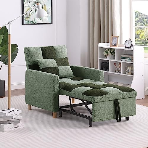 HANLIVES 3-in-1 Single Convertible Chair Bed,Sleeper Sofa Chair Bed with Pillow,Multi-Functional Sleeper Chair with Adjustable Backrest,pullout Sofa Bed with Teddy Fabric for Apartment(Green)