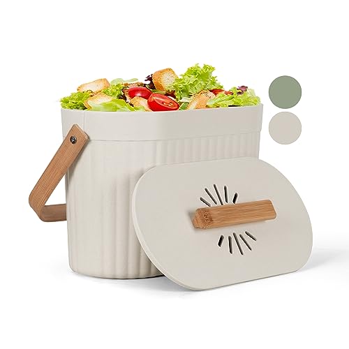 Odorless Counter Top Compost Bucket with Lid - Yatmung Small Kitchen Compost Bin Countertop - Narrow Sustainable Bamboo Composting Pail - Indoor Composter - Slim Food Waste Bin for Kitchen - Cream