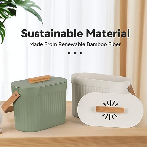 Odorless Counter Top Compost Bucket with Lid - Yatmung Small Kitchen Compost Bin Countertop - Narrow Sustainable Bamboo Composting Pail - Indoor Composter - Slim Food Waste Bin for Kitchen - Cream