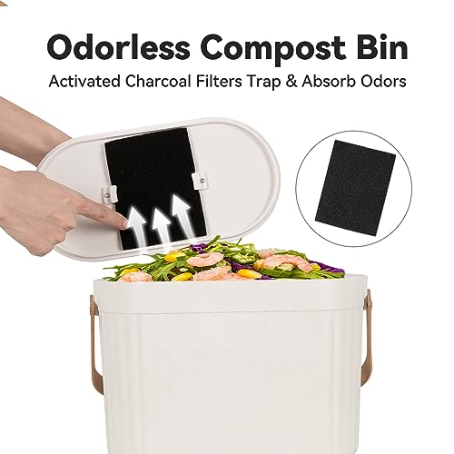 Odorless Counter Top Compost Bucket with Lid - Yatmung Small Kitchen Compost Bin Countertop - Narrow Sustainable Bamboo Composting Pail - Indoor Composter - Slim Food Waste Bin for Kitchen - Cream