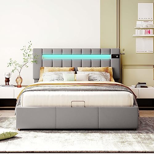 RIDFY Queen Size Bed Frame with LED Light Headboard, Modern Upholstered Bedframe with Bluetooth Player, USB Charging and Hydraulic Storage, Heavy Duty Platform Camas, Multifunctional (Gray)