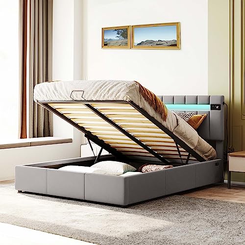 RIDFY Queen Size Bed Frame with LED Light Headboard, Modern Upholstered Bedframe with Bluetooth Player, USB Charging and Hydraulic Storage, Heavy Duty Platform Camas, Multifunctional (Gray)