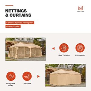 MELLCOM 12x20 Patio Gazebo, Double Soft-Roof Gazebo Tent with Curtains and Netting, Patio Canopy for Outdoor Event, Patio, Lawn & Garden, Beige