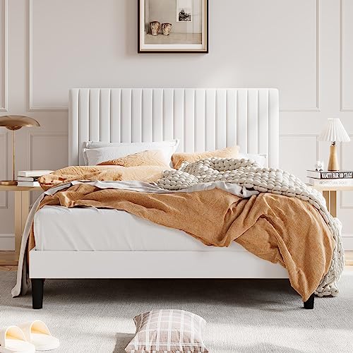 SHA CERLIN Full Size Upholstered Platform Bed Frame with Vertical Channel Tufted Velvet Fabric Adjustable Headboard, Wooden Slats Support, Mattress Foundation, Box Spring Optional, White