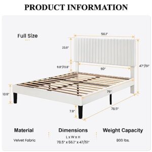 SHA CERLIN Full Size Upholstered Platform Bed Frame with Vertical Channel Tufted Velvet Fabric Adjustable Headboard, Wooden Slats Support, Mattress Foundation, Box Spring Optional, White