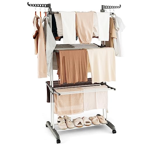 GOFLAME 4-Tier Clothes Drying Rack, Collapsible Clothes Horse Rack with Rotatable Side Wings and Foldable Shelves, Freestanding Garment Dryer Stand with Casters for Indoor and Outdoor Use