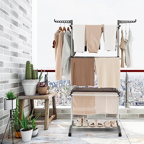 GOFLAME 4-Tier Clothes Drying Rack, Collapsible Clothes Horse Rack with Rotatable Side Wings and Foldable Shelves, Freestanding Garment Dryer Stand with Casters for Indoor and Outdoor Use