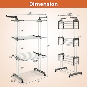 GOFLAME 4-Tier Clothes Drying Rack, Collapsible Clothes Horse Rack with Rotatable Side Wings and Foldable Shelves, Freestanding Garment Dryer Stand with Casters for Indoor and Outdoor Use