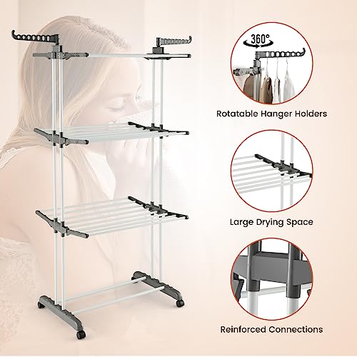 GOFLAME 4-Tier Clothes Drying Rack, Collapsible Clothes Horse Rack with Rotatable Side Wings and Foldable Shelves, Freestanding Garment Dryer Stand with Casters for Indoor and Outdoor Use