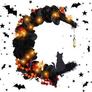 ceenna halloween wreaths moon cat wreath with rose cat door wreath cute cat garland light up moon cat wreath with rose for front door indoor outdoor window farmhouse porch wall (orange berry)