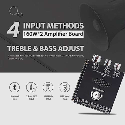 160W+160W Amplifier Board with Treble and Bass Control, DC 12-36V, BT and AUX Inputs, 2.0 Channel Stereo AMP Board for DIY Wireless Speakers, Password Free (T160HS)