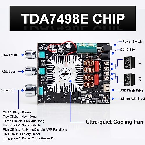 160W+160W Amplifier Board with Treble and Bass Control, DC 12-36V, BT and AUX Inputs, 2.0 Channel Stereo AMP Board for DIY Wireless Speakers, Password Free (T160HS)