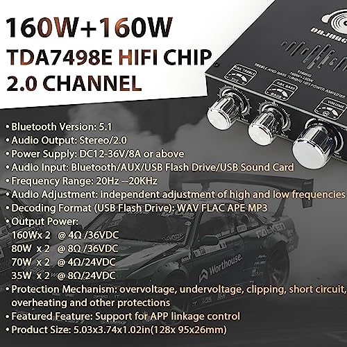 160W+160W Amplifier Board with Treble and Bass Control, DC 12-36V, BT and AUX Inputs, 2.0 Channel Stereo AMP Board for DIY Wireless Speakers, Password Free (T160HS)