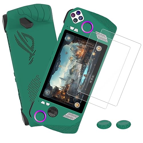 PAKESI Silicone Case for ASUS ROG Ally 2023 Release,Handheld Game Console Cover Protector Case with 2 Thumb Grip Caps and 2 Pack Screen Protectors - Enhance Your Gaming Experience(Green)