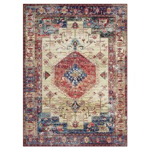 Zacoo Boho Area Rug 5x7 Washable Rug Vintage Soft Medallion Distressed Print Carpet Oriental Non-Slip Non-Shedding Low-Pile Throw Thin Bedroom Rugs for Living Room Dining Room Red/Beige