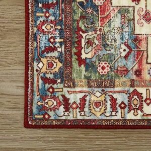 Zacoo Boho Area Rug 5x7 Washable Rug Vintage Soft Medallion Distressed Print Carpet Oriental Non-Slip Non-Shedding Low-Pile Throw Thin Bedroom Rugs for Living Room Dining Room Red/Beige