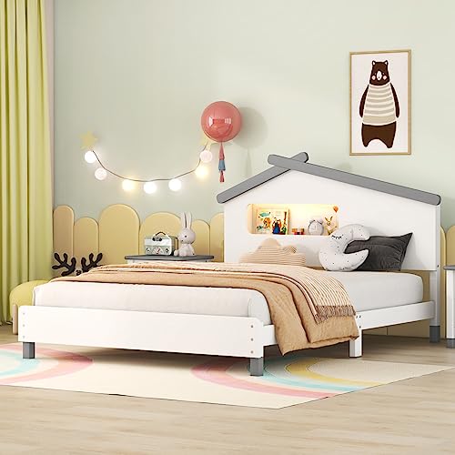 Full Bed Frame, Full Size Platform Bed with House-shaped Headboard and Motion Activated Night Lights, Wooden Platform Bed Frame for Boys Girls Teens Bedroom, 10 Slats Support, White & Gray