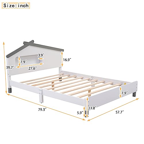 Full Bed Frame, Full Size Platform Bed with House-shaped Headboard and Motion Activated Night Lights, Wooden Platform Bed Frame for Boys Girls Teens Bedroom, 10 Slats Support, White & Gray