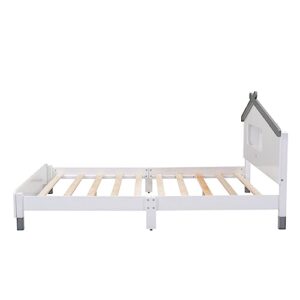 Full Bed Frame, Full Size Platform Bed with House-shaped Headboard and Motion Activated Night Lights, Wooden Platform Bed Frame for Boys Girls Teens Bedroom, 10 Slats Support, White & Gray