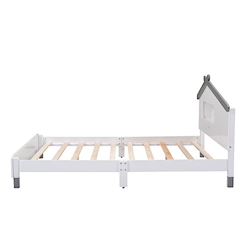 Full Bed Frame, Full Size Platform Bed with House-shaped Headboard and Motion Activated Night Lights, Wooden Platform Bed Frame for Boys Girls Teens Bedroom, 10 Slats Support, White & Gray