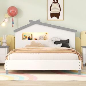 Full Bed Frame, Full Size Platform Bed with House-shaped Headboard and Motion Activated Night Lights, Wooden Platform Bed Frame for Boys Girls Teens Bedroom, 10 Slats Support, White & Gray