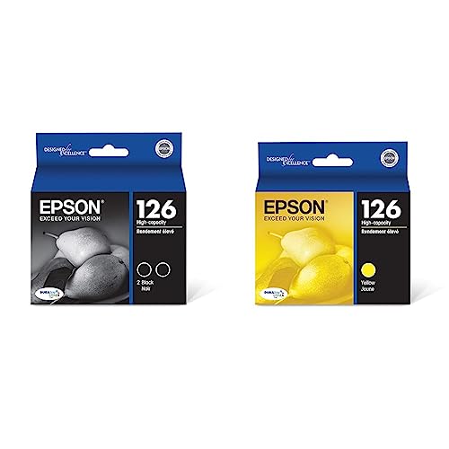 Epson T126120-D2 DURABrite Ultra Black Dual Pack High Capacity Cartridge Ink & T126 DURABrite Ultra Ink Standard Capacity Yellow Cartridge (T126420-S) for Select Stylus and Workforce Printers