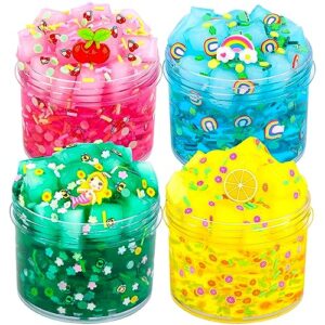 slime kit - 4 pack jelly cube clear crunchy slime,with cherry,lemon,mermaid,rainbow slimes charms,preppy and aesthetic stuff,cute stress toys and cool birthday gifts for girls and boys