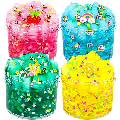 Slime Kit - 4 Pack Jelly Cube Clear Crunchy Slime,with Cherry,Lemon,Mermaid,Rainbow Slimes Charms,Preppy and Aesthetic Stuff,Cute Stress Toys and Cool Birthday Gifts for Girls and Boys