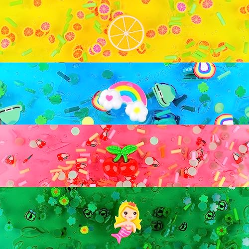 Slime Kit - 4 Pack Jelly Cube Clear Crunchy Slime,with Cherry,Lemon,Mermaid,Rainbow Slimes Charms,Preppy and Aesthetic Stuff,Cute Stress Toys and Cool Birthday Gifts for Girls and Boys