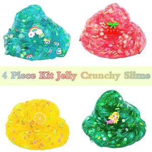 Slime Kit - 4 Pack Jelly Cube Clear Crunchy Slime,with Cherry,Lemon,Mermaid,Rainbow Slimes Charms,Preppy and Aesthetic Stuff,Cute Stress Toys and Cool Birthday Gifts for Girls and Boys