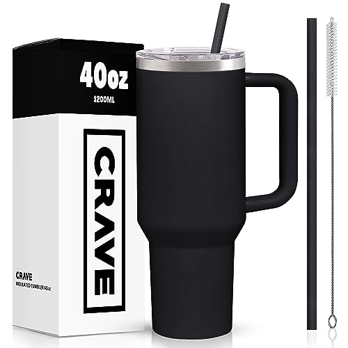 Crave Cups 40oz Tumbler With Handle And Straw l Insulated Stainless Steel Double Wall Spill Proof Water Bottle Travel Mug l Cupholder Friendly Vacuum Sealed Tumblers With Lid (Black)