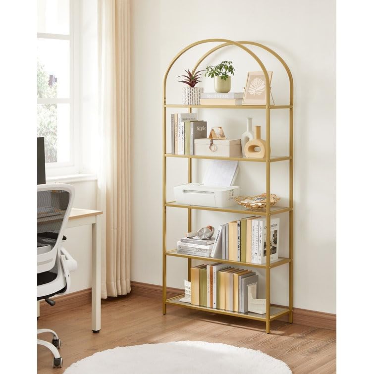 Steel Bookcase 5 Shelves 2 Colors Black, Gold Independent Bookcase, Display Shelf, 72.2'' HX 32.7'' WX 11.9'' D. (Gold)