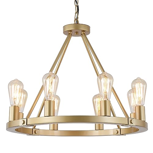 9MMML 23.6“ 8 Lights Golden Wagon Wheel Chandelier, Large Luxury Kitchen Island Pendant Light for Living Dining Room Foyer Entryway,Height Adjustable,E26.