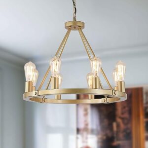 9MMML 23.6“ 8 Lights Golden Wagon Wheel Chandelier, Large Luxury Kitchen Island Pendant Light for Living Dining Room Foyer Entryway,Height Adjustable,E26.