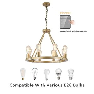 9MMML 23.6“ 8 Lights Golden Wagon Wheel Chandelier, Large Luxury Kitchen Island Pendant Light for Living Dining Room Foyer Entryway,Height Adjustable,E26.