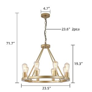 9MMML 23.6“ 8 Lights Golden Wagon Wheel Chandelier, Large Luxury Kitchen Island Pendant Light for Living Dining Room Foyer Entryway,Height Adjustable,E26.