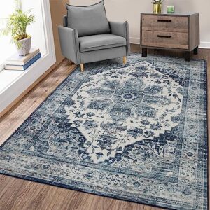 gaomon machine washable area rug 5x7 non slip floor cover carpet rug for living room bedroom medallion vintage distressed accent rug traditional home decor floor decoration carpet mat, blue