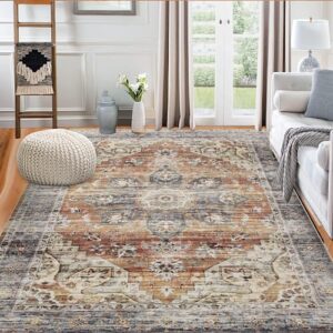 cozyloom area rug 5x7 washable rug persian medallion floor cover vintage floral distressed rug soft tribal indoor carpet non-slip low pile thin rug oriental throw carpet foldable rug orange/brown