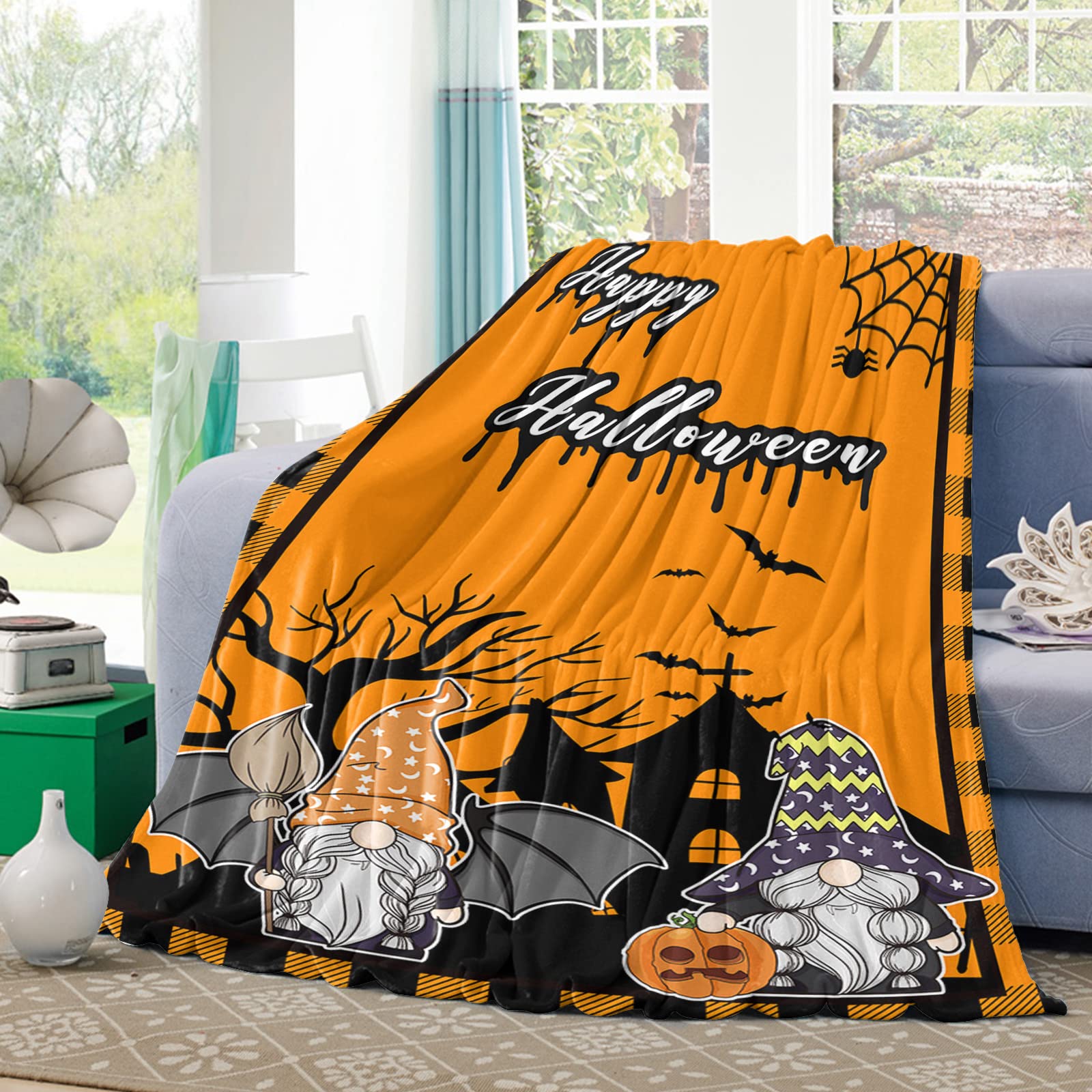 Throw Blanket- Halloween Gnome Soft Warm Plush Fleece Bed Throw,50x60In Flannel Blankets Scary House and Pumpkins Bedding Throws for Women/Men Bedroom Living Room Office Decor Orange Tartan Plaid