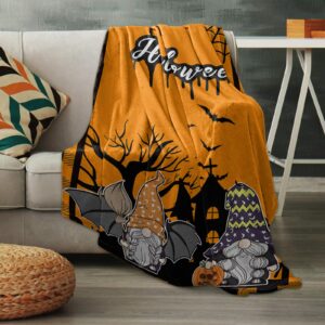 Throw Blanket- Halloween Gnome Soft Warm Plush Fleece Bed Throw,50x60In Flannel Blankets Scary House and Pumpkins Bedding Throws for Women/Men Bedroom Living Room Office Decor Orange Tartan Plaid