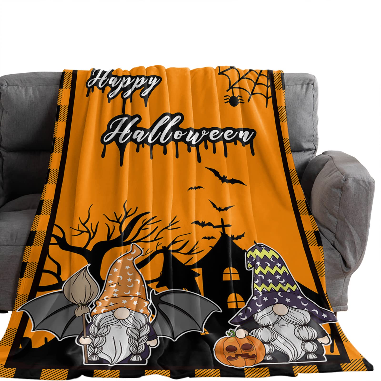 Throw Blanket- Halloween Gnome Soft Warm Plush Fleece Bed Throw,50x60In Flannel Blankets Scary House and Pumpkins Bedding Throws for Women/Men Bedroom Living Room Office Decor Orange Tartan Plaid