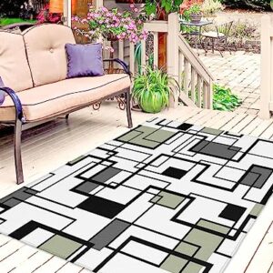 Sage Green Geometric Outdoor Rug for Patio/Deck/Porch, Non-Slip Large Area Rug 5 x 8 Ft, Black Gray Modern Abstract Art Indoor Outdoor Rugs Washable Area Rugs, Reversible Camping Rug Carpet Runner