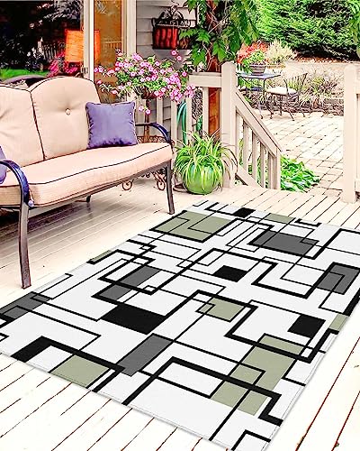 Sage Green Geometric Outdoor Rug for Patio/Deck/Porch, Non-Slip Large Area Rug 5 x 8 Ft, Black Gray Modern Abstract Art Indoor Outdoor Rugs Washable Area Rugs, Reversible Camping Rug Carpet Runner