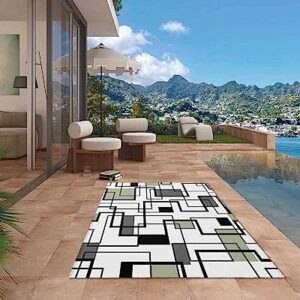 Sage Green Geometric Outdoor Rug for Patio/Deck/Porch, Non-Slip Large Area Rug 5 x 8 Ft, Black Gray Modern Abstract Art Indoor Outdoor Rugs Washable Area Rugs, Reversible Camping Rug Carpet Runner