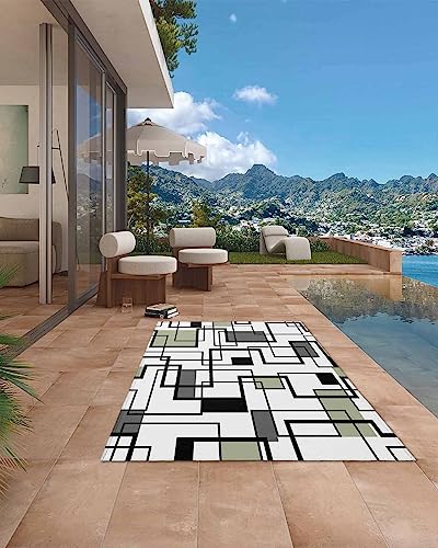 Sage Green Geometric Outdoor Rug for Patio/Deck/Porch, Non-Slip Large Area Rug 5 x 8 Ft, Black Gray Modern Abstract Art Indoor Outdoor Rugs Washable Area Rugs, Reversible Camping Rug Carpet Runner