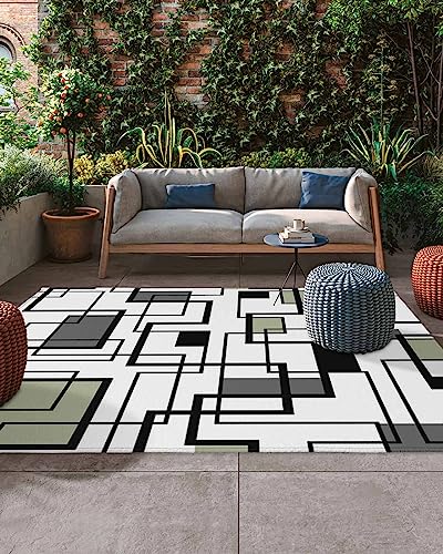 Sage Green Geometric Outdoor Rug for Patio/Deck/Porch, Non-Slip Large Area Rug 5 x 8 Ft, Black Gray Modern Abstract Art Indoor Outdoor Rugs Washable Area Rugs, Reversible Camping Rug Carpet Runner