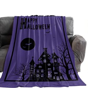 throw blanket- black haunted house soft warm plush fleece bed throw,50x60in flannel blankets halloween spooky night bedding throws for women/men bedroom living room office decor purple