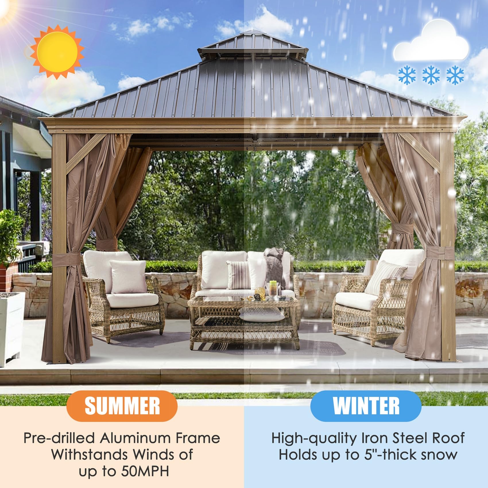 12'x12' Hardtop Gazebo with Nettings and Curtains, Outdoor Aluminum Hard Top Gazebo with Galvanized Steel Double Roof, Permanent Pavilion Metal Gazebo with Top Hook for Deck, Patio, Backyard